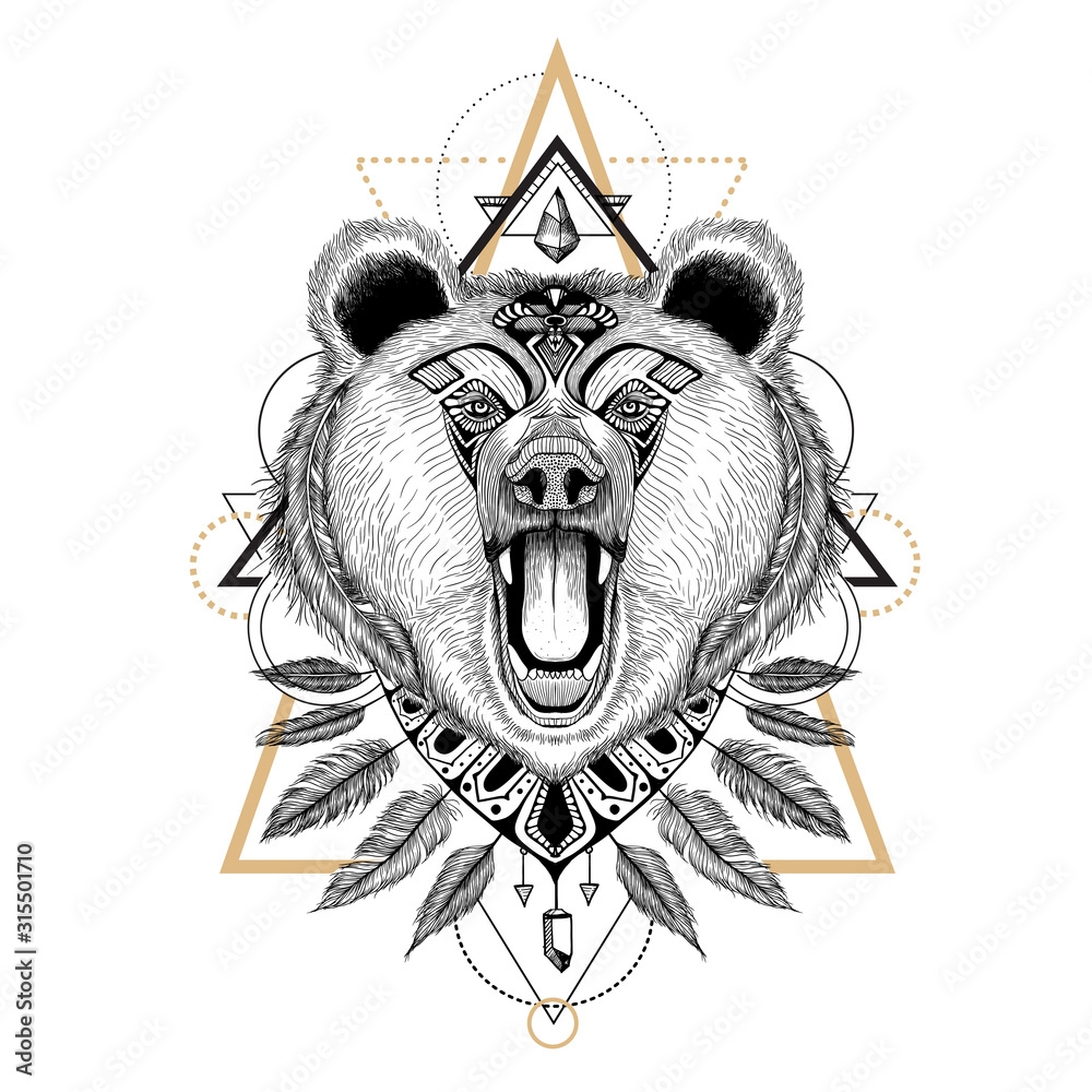 Hand drawn detailed roaring grizzly bear in aztec (ethnic) style Stock ...