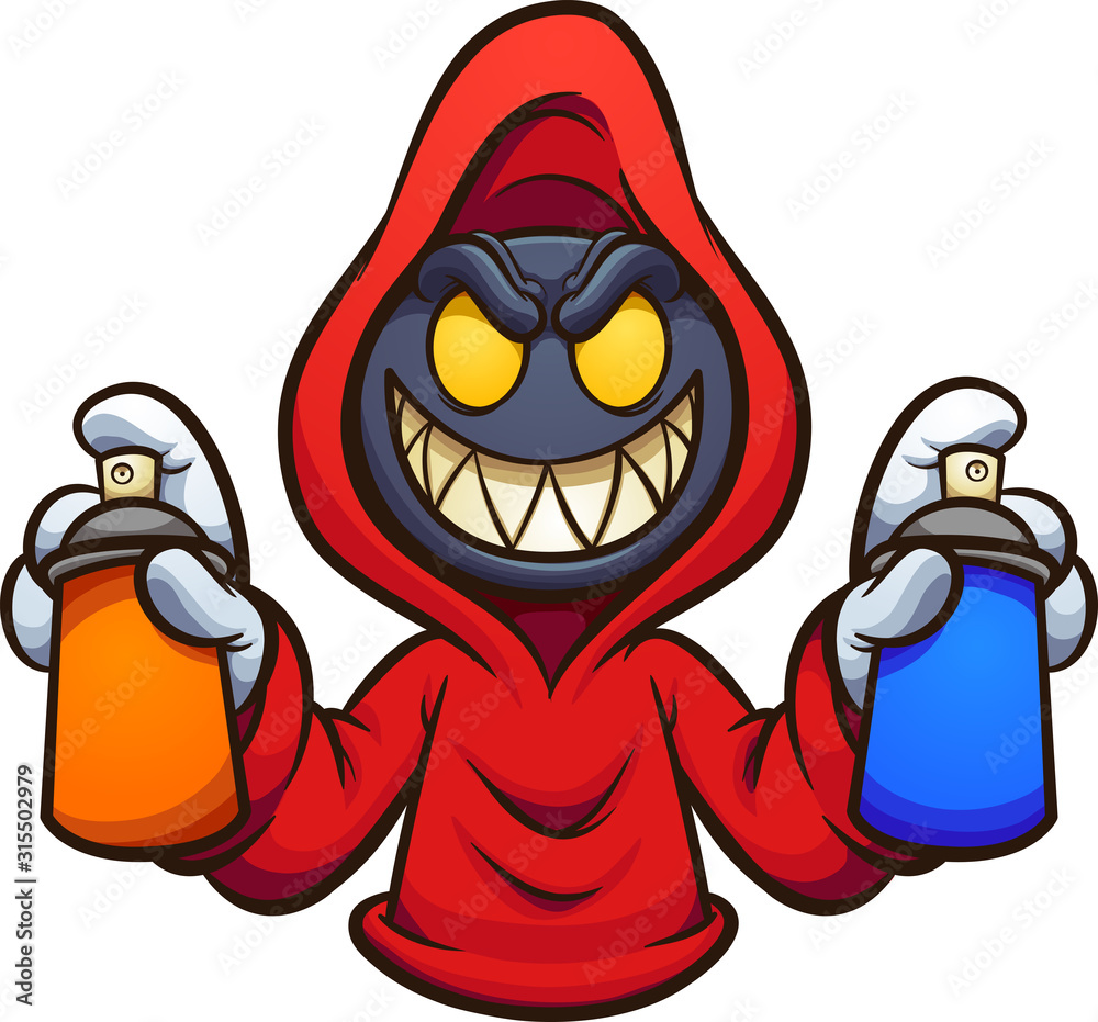 Evil hooded character with graffiti spray cans cartoon. Vector clip art ...