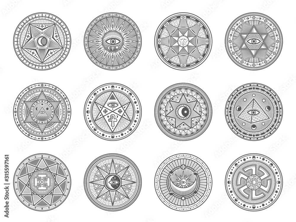 Occult, alchemy and astrology icons, occultism and sacred religion ...