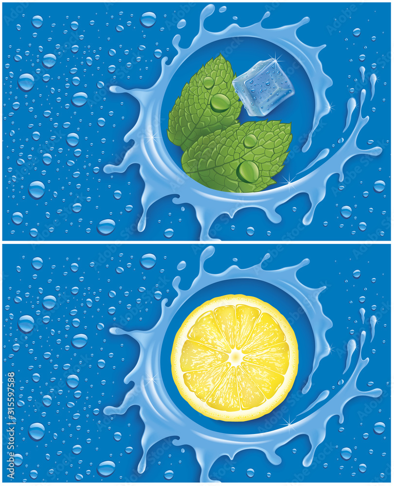 blue water splash with many drops , with lemon slice and ice cube, mint ...