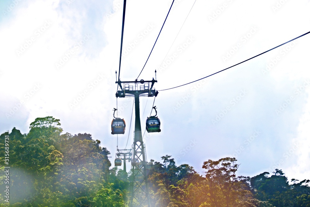 Overhead Cable Car hanging and moving on cable lines of Skybridge over ...