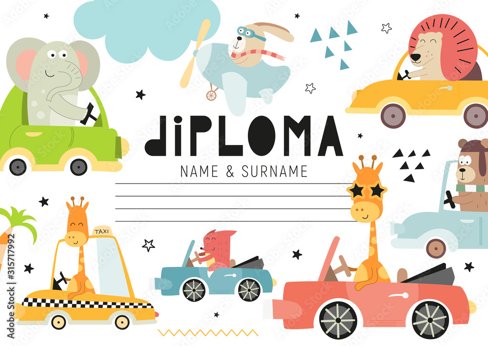 Diploma template with cute kids transport and animals for kids ...