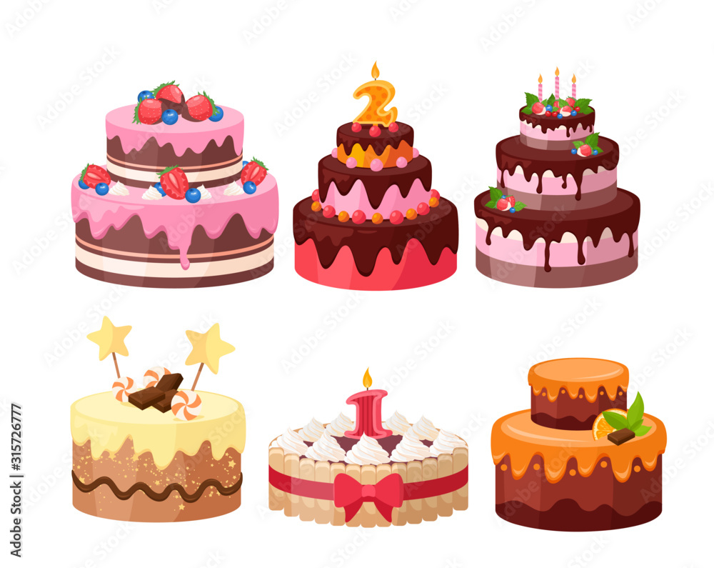 Tiered cakes colorful flat vector illustrations set Stock Vector ...