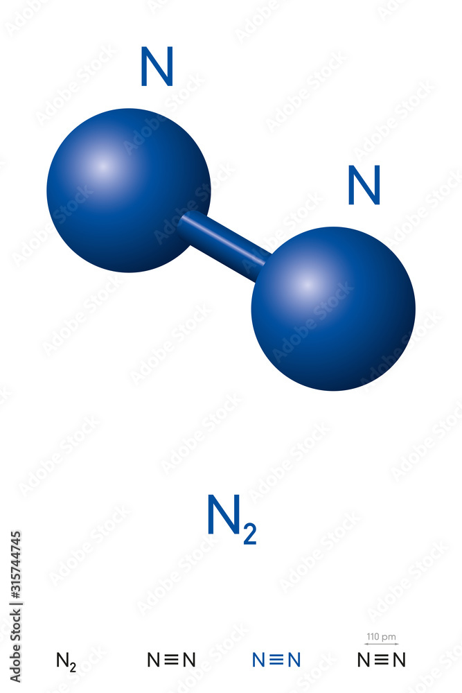 เวกเตอร์ Stock Nitrogen, N2 molecule model and chemical formula. Also ...