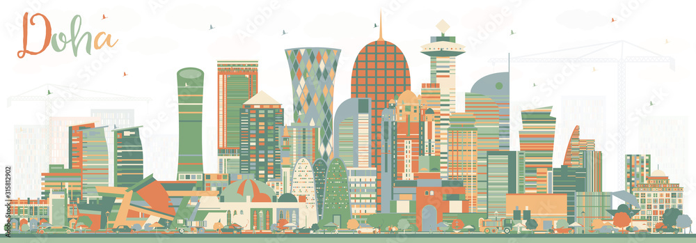 Doha Qatar City Skyline with Color Buildings. Stock Vector | Adobe Stock