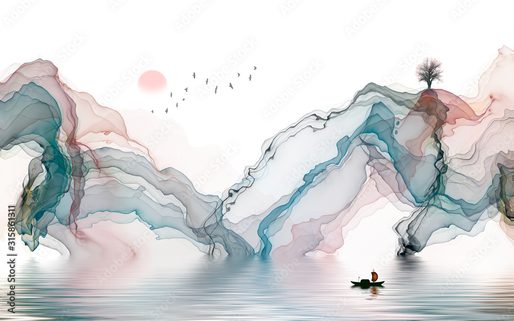 Hand-painted lines, abstract ink landscape decorations, art poster ...