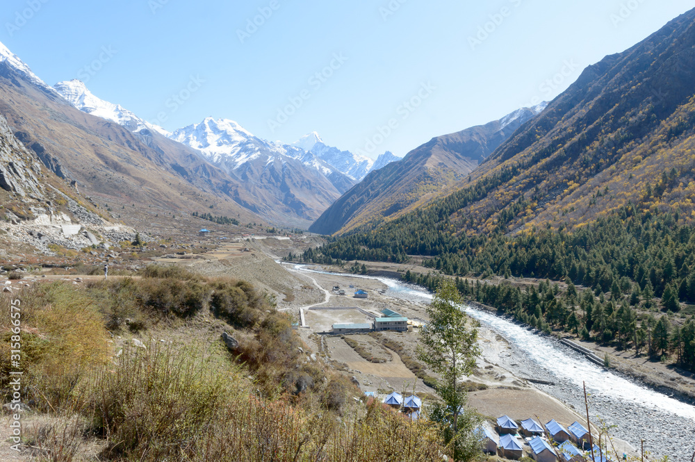 Ariel Landscape scenery of Chitkul Village on banks of Baspa River ...