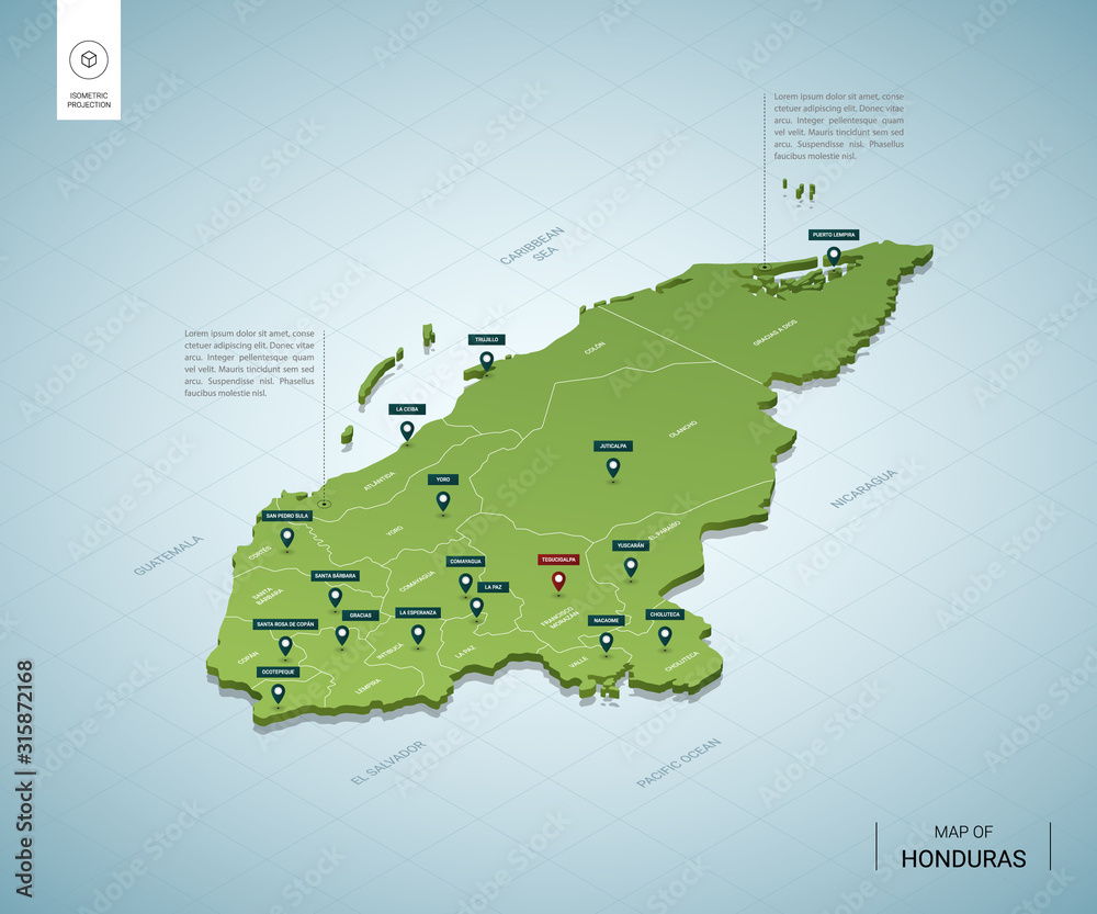 Stylized map of Honduras. Isometric 3D green map with cities, borders ...