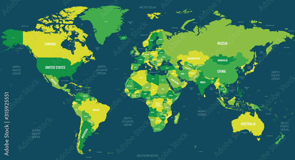World map - green hue colored on dark background. High detailed ...