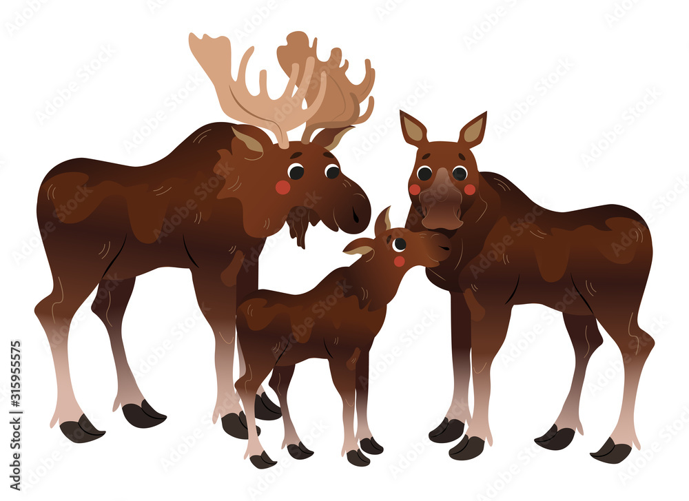 Cute cartoon moose family vector image. Male and female mooses with ...