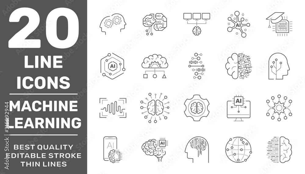 Line icons set of AI machine learning and data science technology ...
