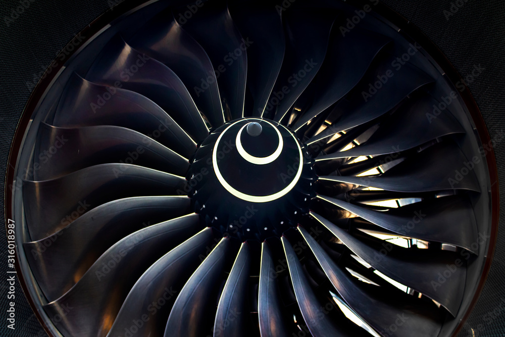 Turbofan Blades Closeup On A Large Commercial Jet Engine Airplane Stock ...