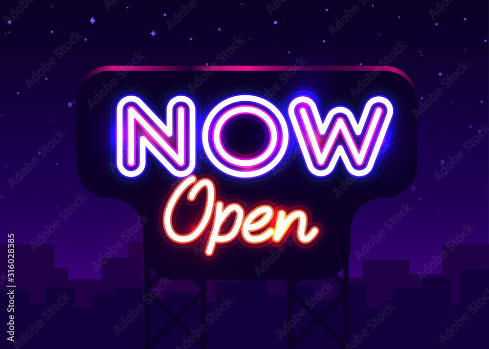 Now Open neon text vector design template. Now Open neon logo, light ...