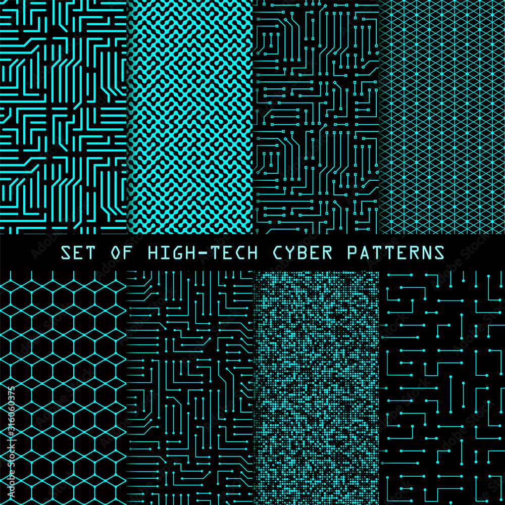Set of seamless cyber patterns. Circuit board texture. Collection of ...