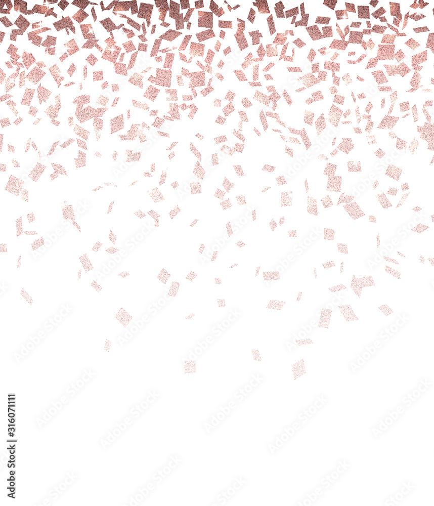 Rose gold glitter falling square confetti border on white background ...