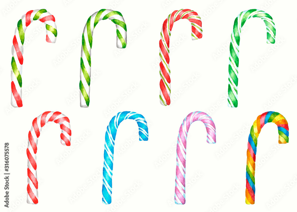Set of cristmas watercolor candy canes on white background. Isolated on ...