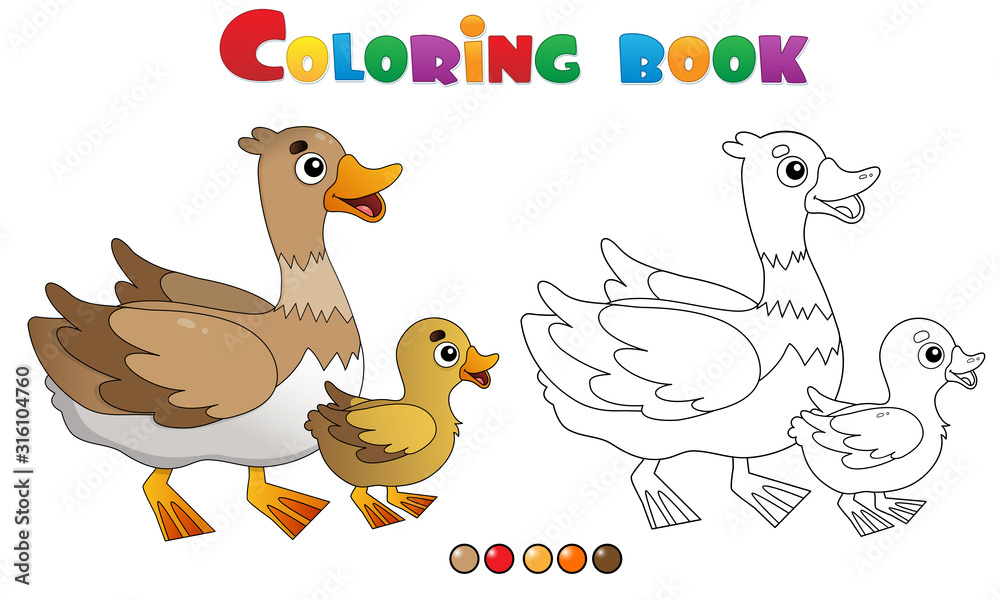 Coloring Page Outline of cartoon duck with duckling. Farm animals ...