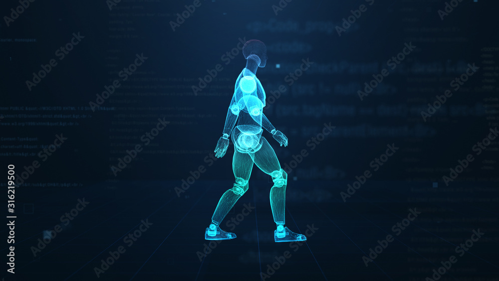 Human puppet walking on virtual 3d digital space with futuristic blue ...