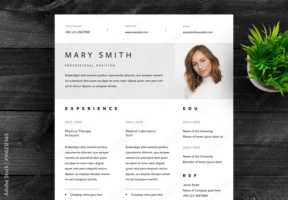 Resume Layout with Gray Header and Footer Stock Template | Adobe Stock