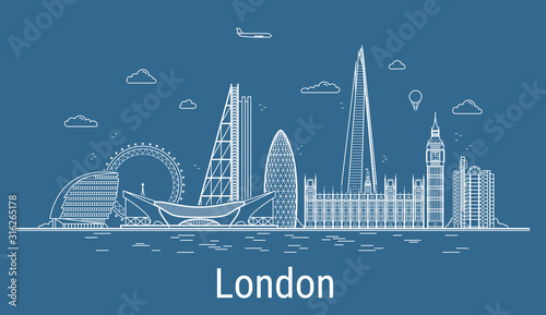 London city line art Vector illustration with all famous buildings ...