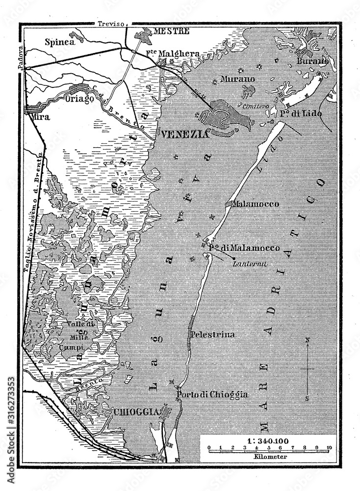Ancient map of the Venetian lagoon with the view of the arch of ...