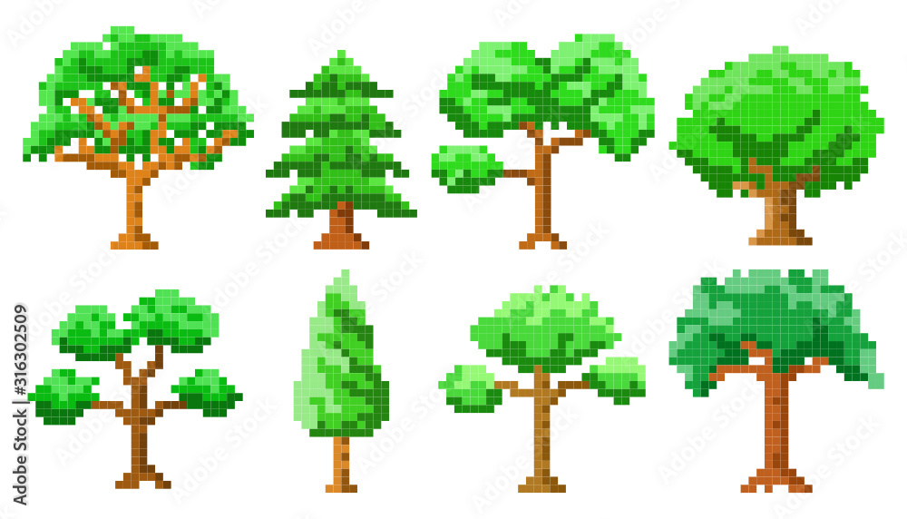 Pixel art trees isolated vector set Stock Vector | Adobe Stock