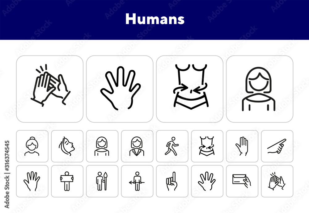 Humans line icon set. Person, woman, face, body, hand. Home concept ...
