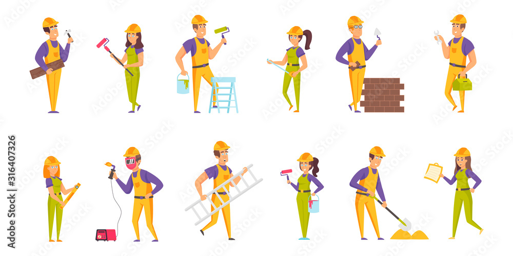 Builders flat vector illustrations set. Welding, wall putty and ...
