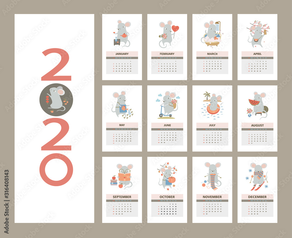 2020 monthly calendar with a cute mouse - a symbol of the year ...