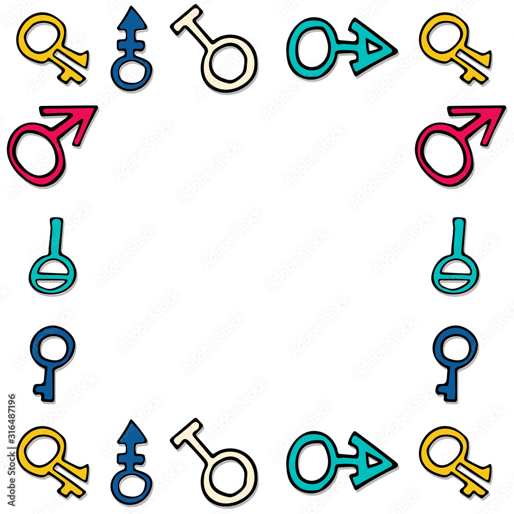 different multicolored gender signs doodle frame. White background ...