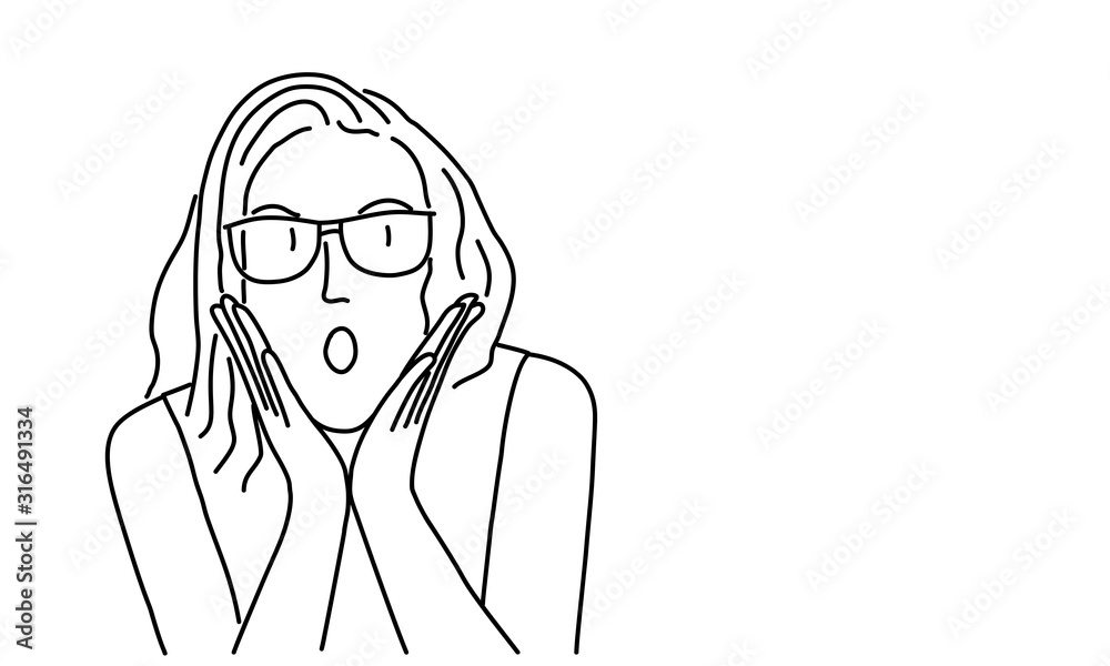 Line drawing of surprised girl with glasses. Vector illustration. Stock ...