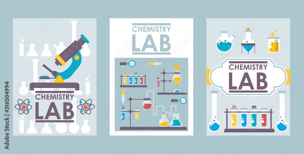 Chemistry lab banners, vector illustration. Scientific brochure cover ...