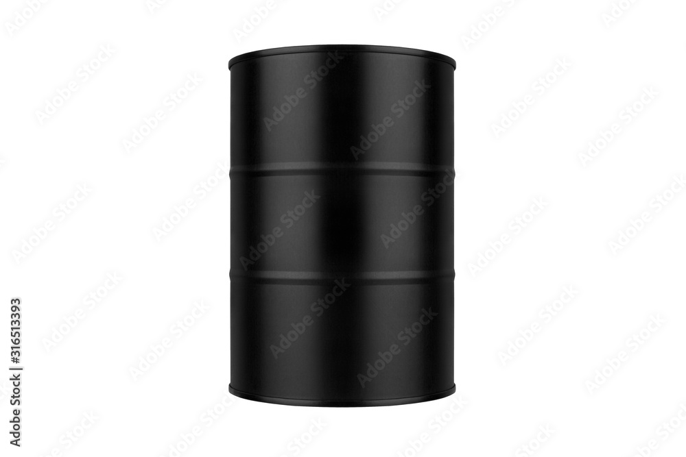 Black round metal barrel on white background isolated close up, oil ...