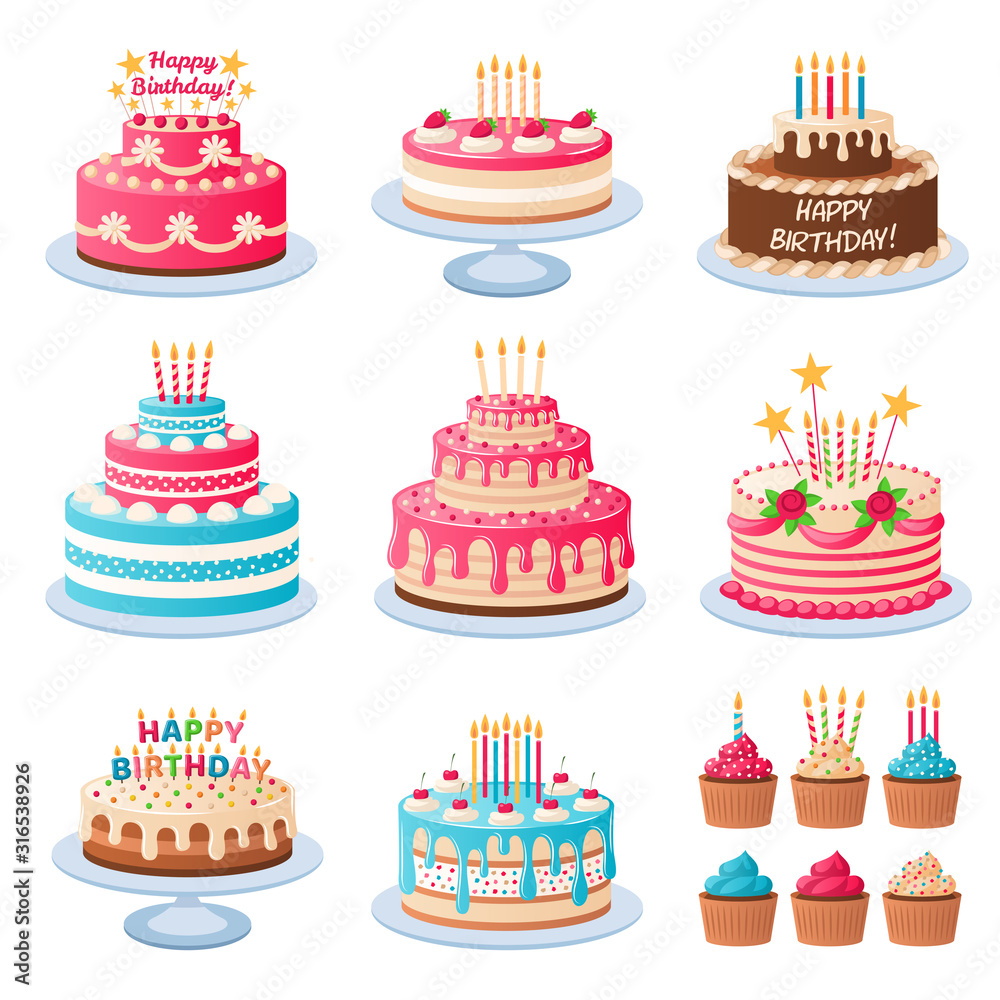 Cartoon cakes. Colorful delicious desserts, birthday cake with ...