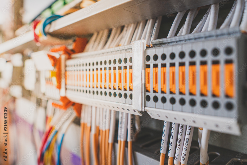 Compact terminal of 3 phase current transformer circuit with blue, red ...