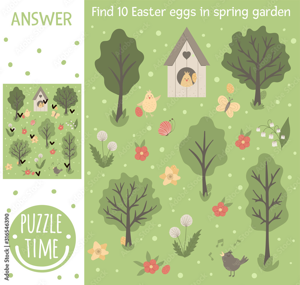 Easter searching game for children with colored eggs in spring garden ...