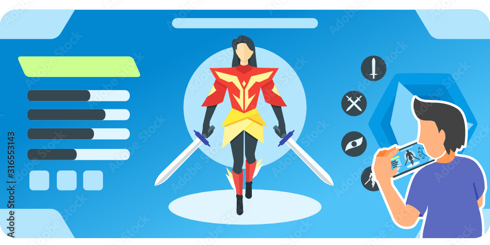 Boy playing mobile game with character display on the screen vector ...