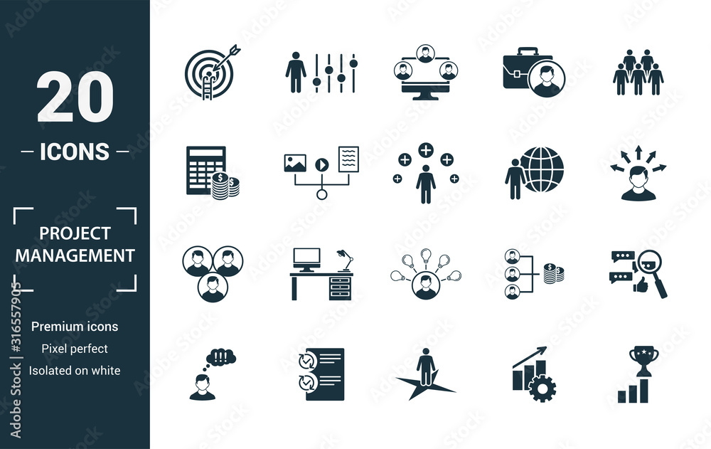 Project Management icon set. Include creative elements goal seeking ...