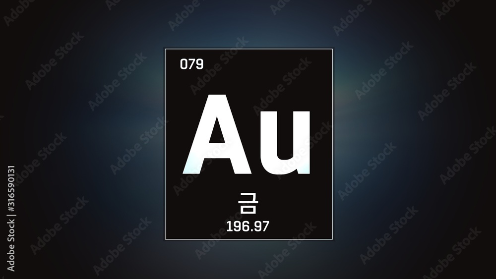 3D illustration of Gold as Element 79 of the Periodic Table. Grey ...