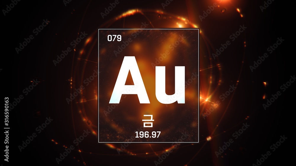 3D illustration of Gold as Element 79 of the Periodic Table. Orange ...