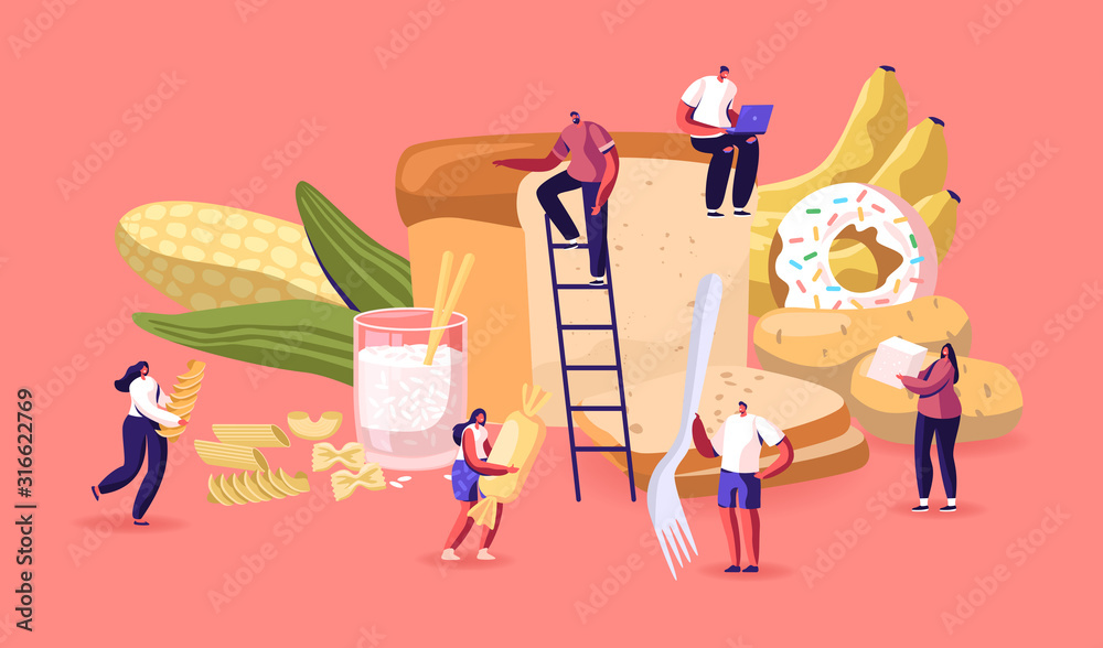 Carbohydrate Nutrition Concept. Tiny Characters Eating Sugar and Wheat ...