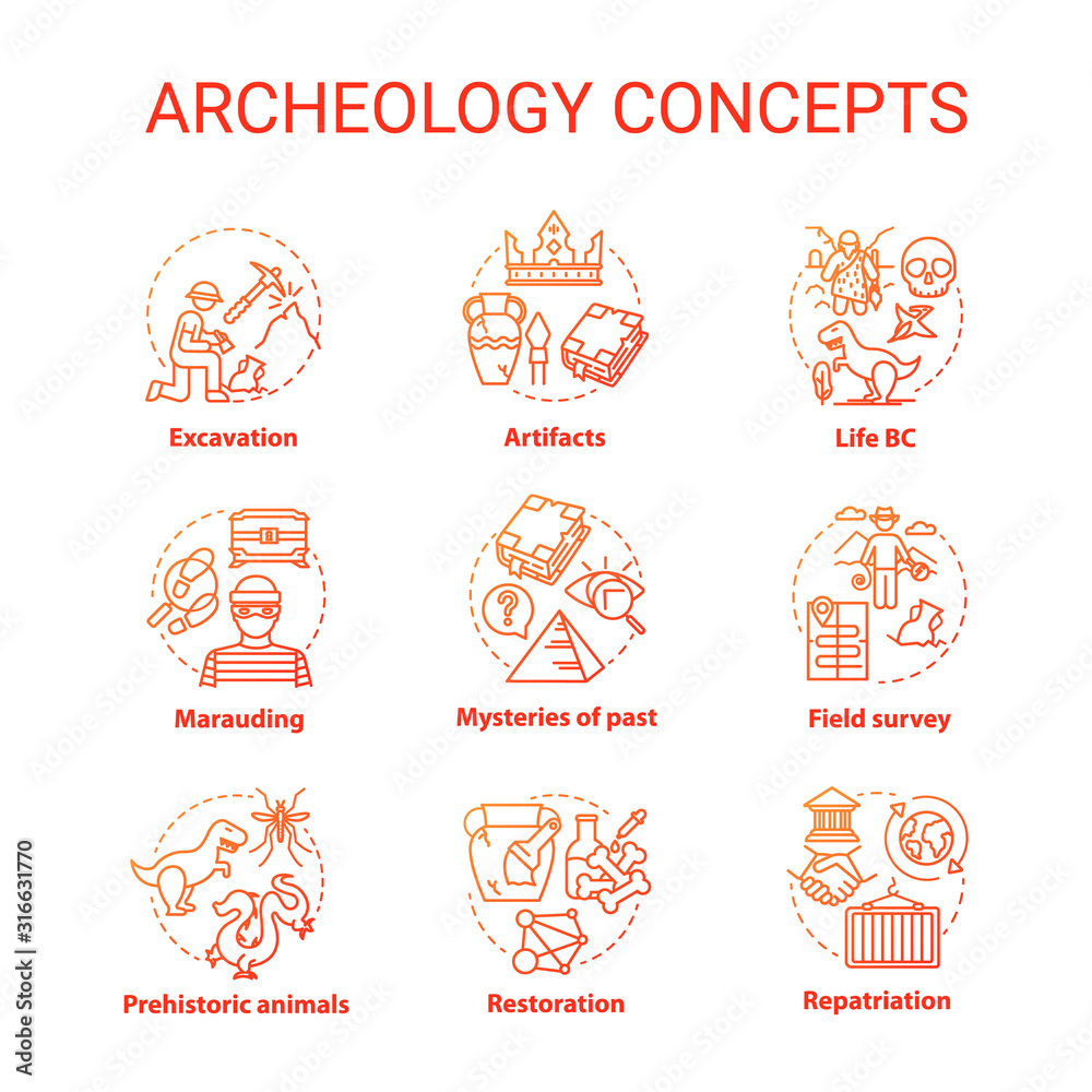 Archelogy concept icons set. Studying the history of ancient artifacts ...