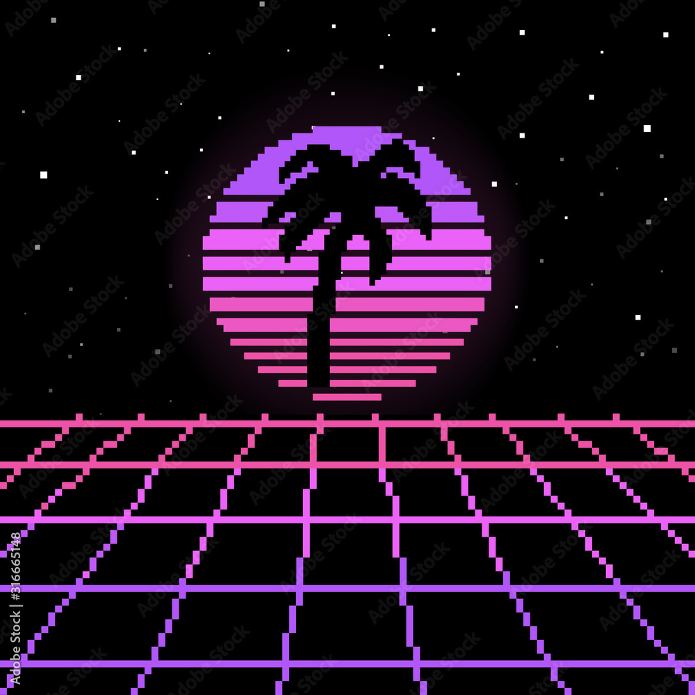 Vector pixel art of 80s Retro sci-Fi background. Pixel art background ...