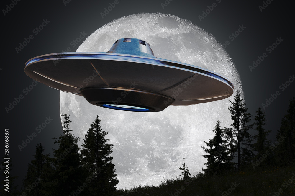 Alien spaceship (UFO) is flying at night. Moon in background. Stock ...