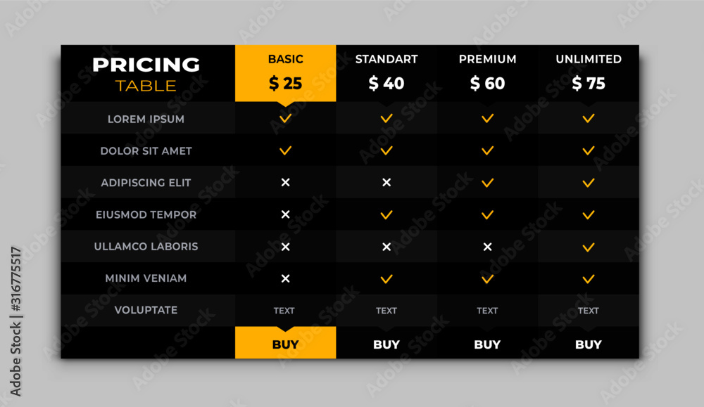 Simple comparison pricing chart table list. Vector comparing price ...