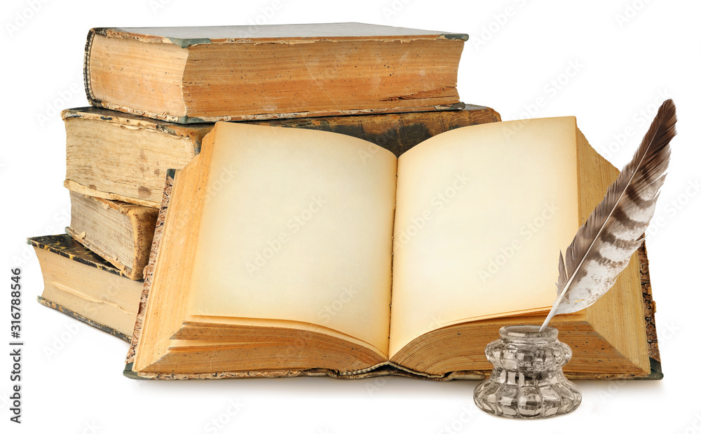 Isolated old books. Open book with empty pages, stack of old books and ...