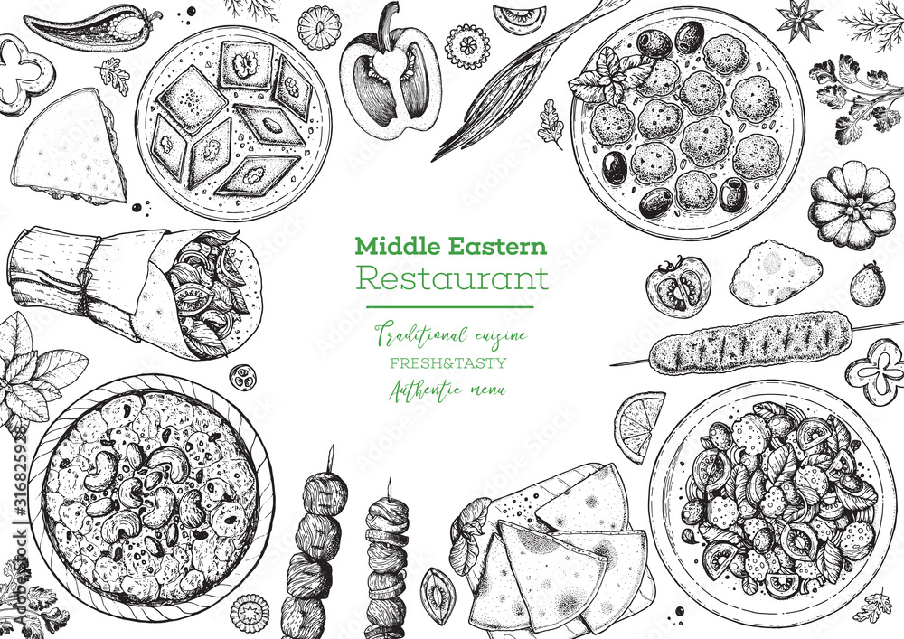 Middle eastern food top view frame. Food menu design with pita ...