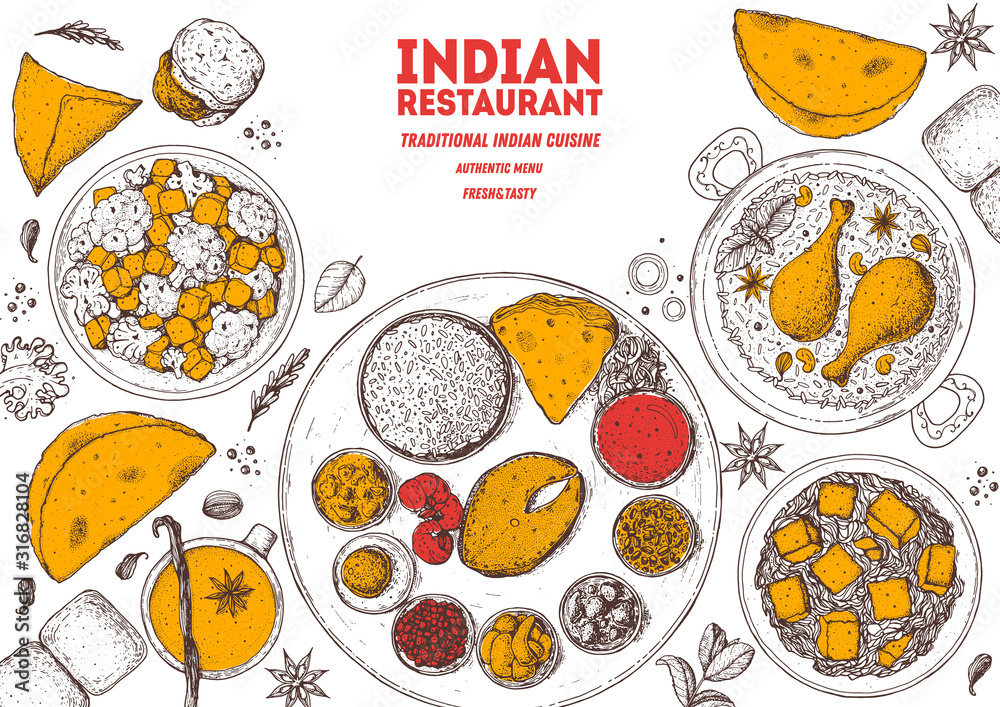 Indian food illustration. Hand drawn sketch. Vector illustration. Menu ...