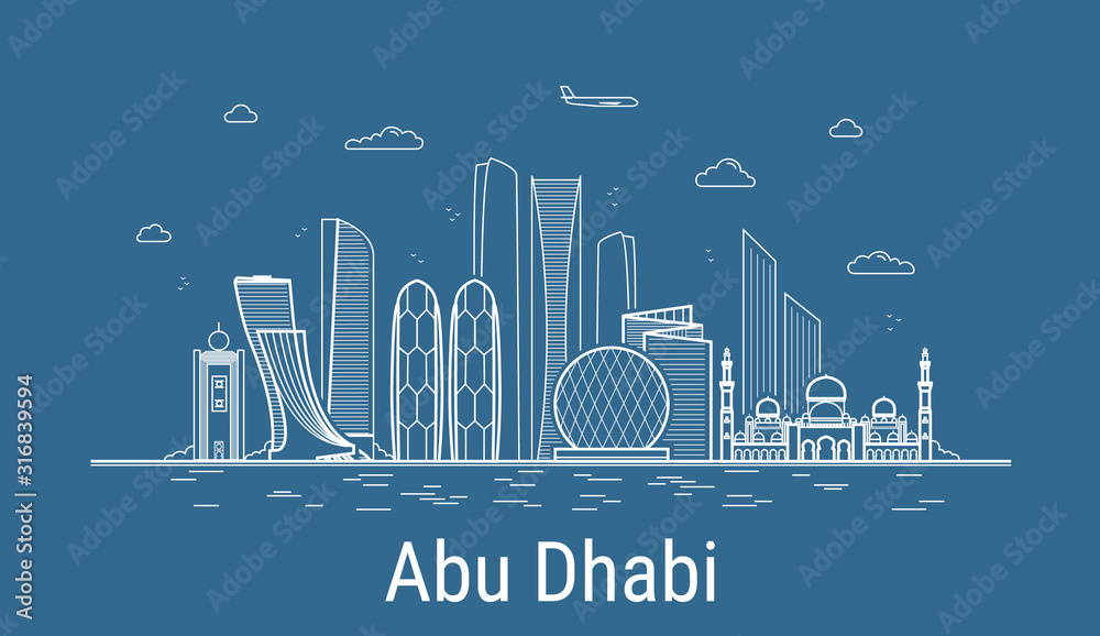 Abu Dhabi city line art Vector illustration with all famous buildings ...