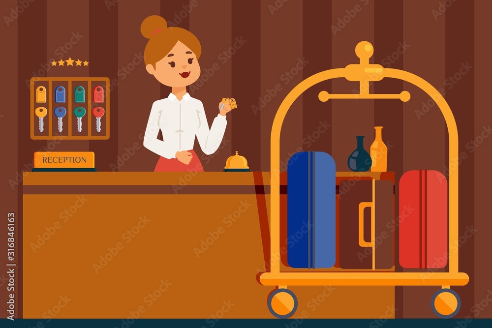 Hotel reception desk, vector illustration. Professional woman ...